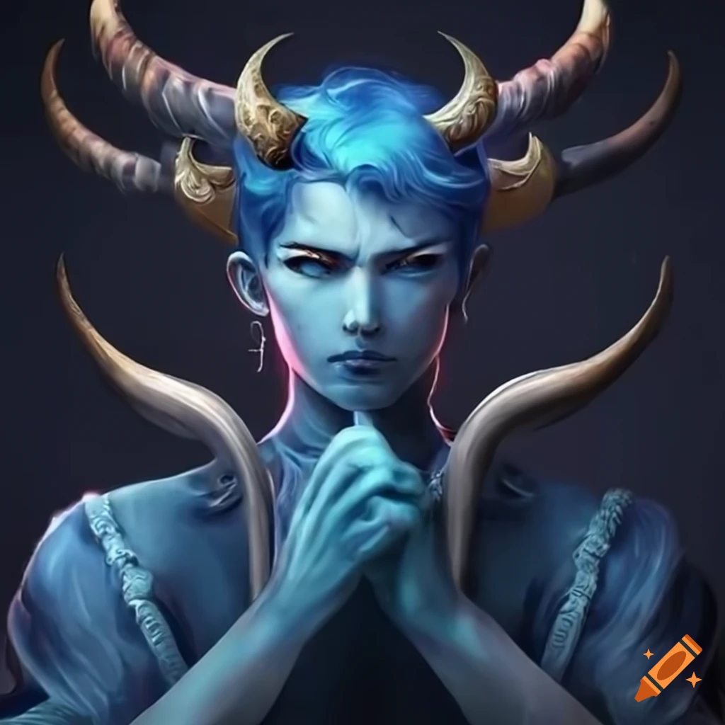 Majestic male blue Chinese demon with horns amidst thunder and ...