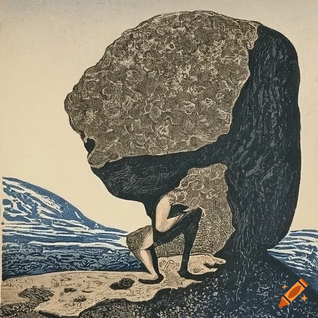 Athletic man with grey curly hair next to a granite rock in a linocut ...