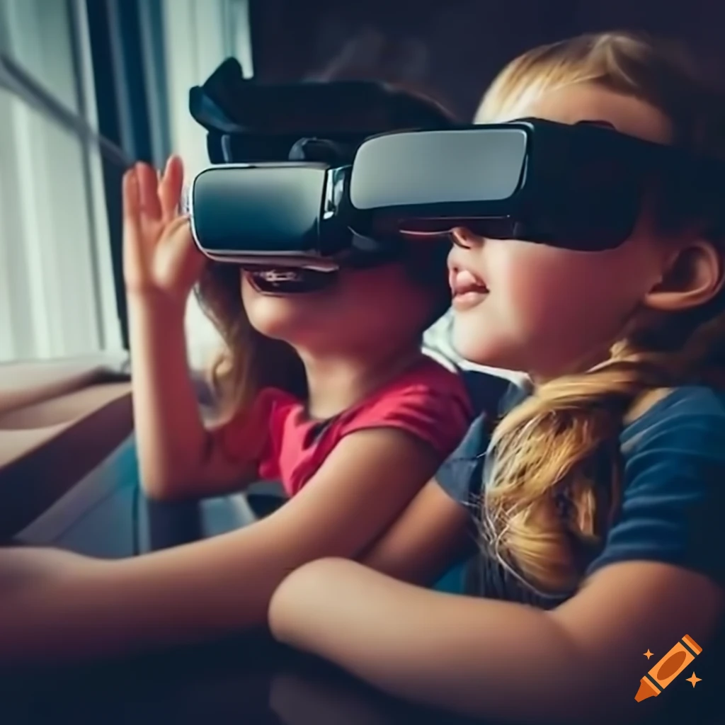 Children using virtual reality glasses with flying ships outside the window on Craiyon