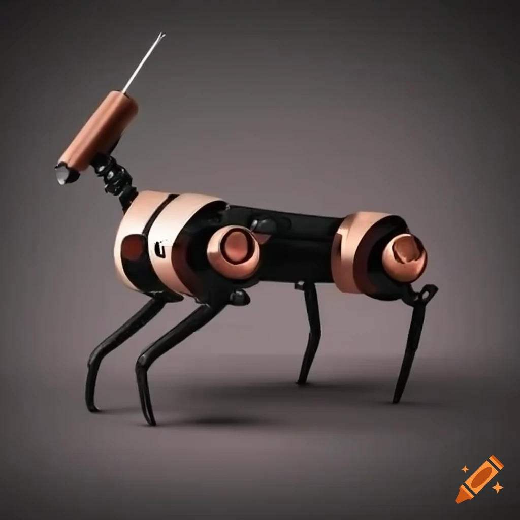 Black metal and copper robot hunting dog with a needle on Craiyon