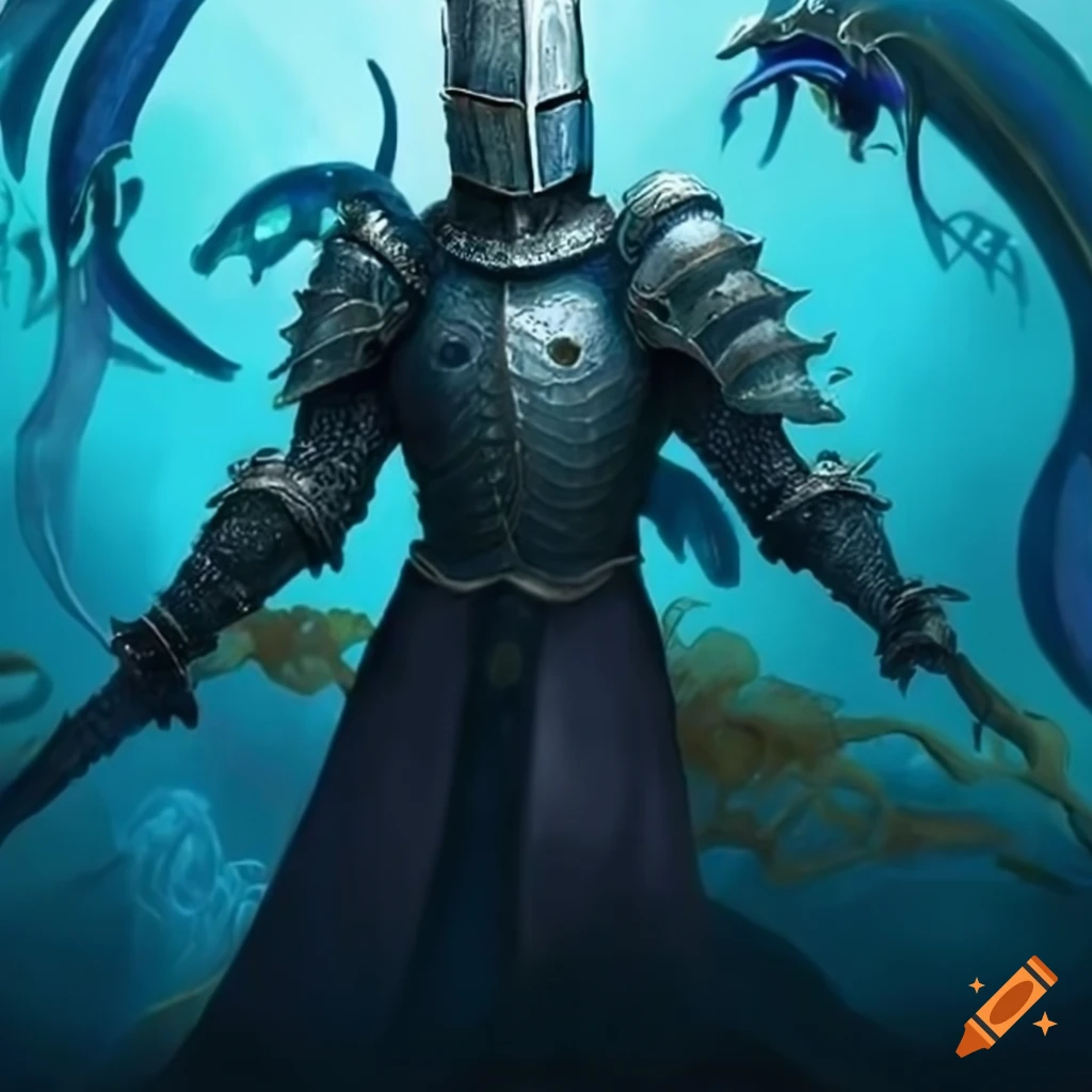 Fantasy knight with blue eyes surrounded by saltwater eels on Craiyon