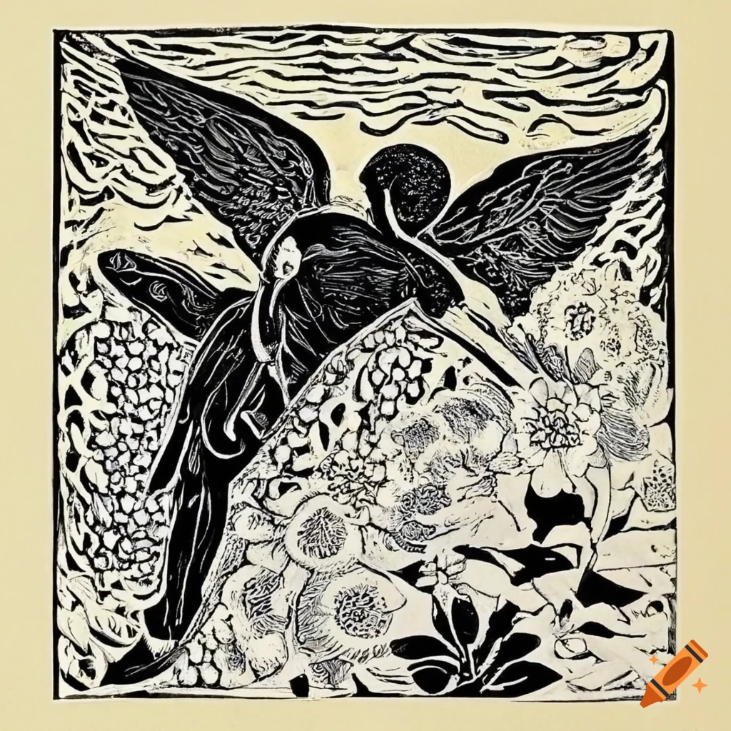 Detailed linocut artwork of a male falling angel surrounded by flowers ...