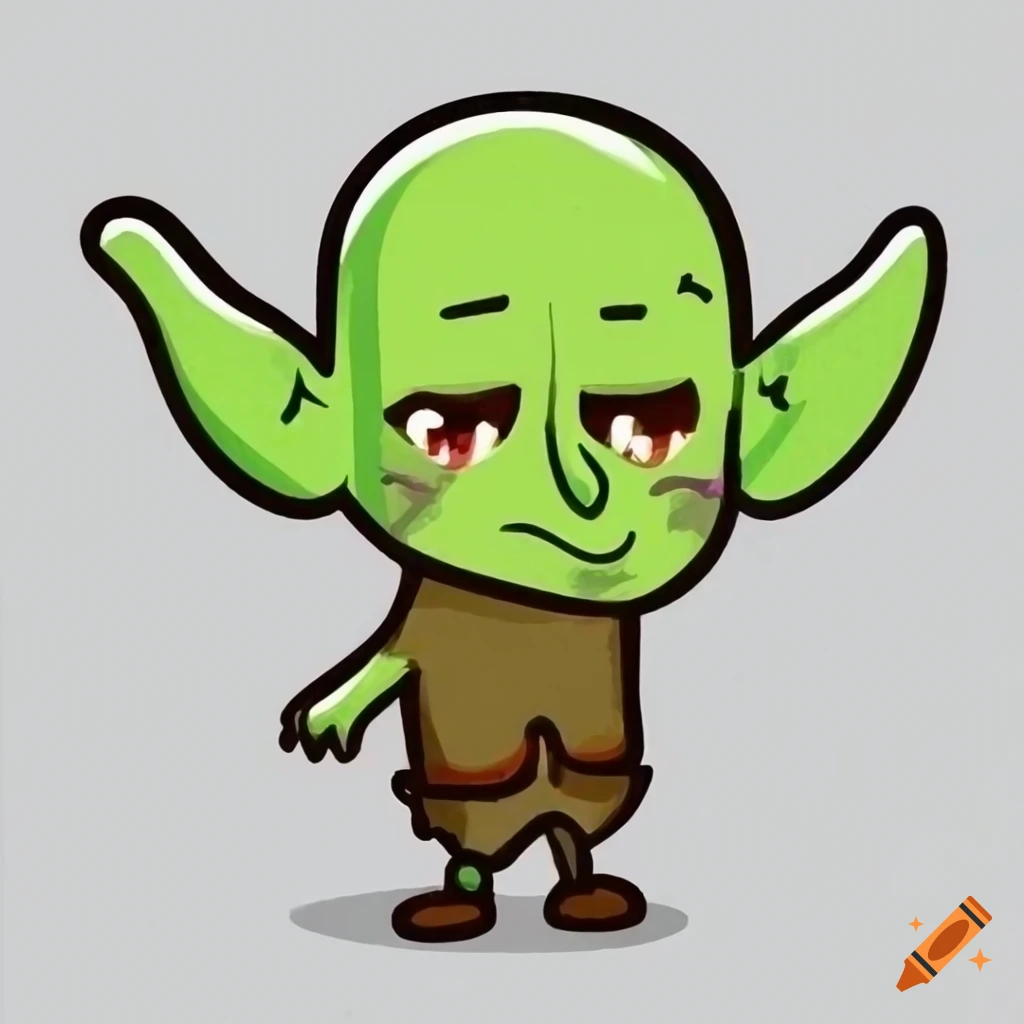 Hand-drawn cute goblin with a sad expression in 2d art on Craiyon