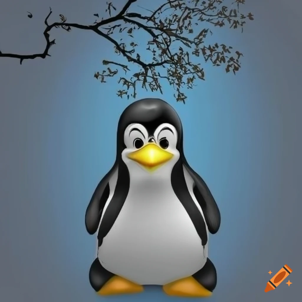 Linux tux standing with a tree on blue background on Craiyon