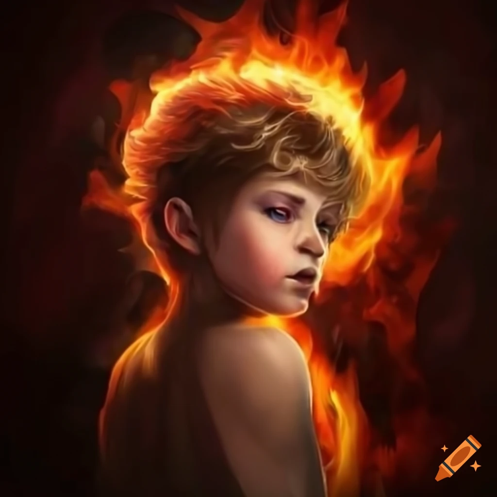 Fantasy boy with flaming wings entering the atmosphere on Craiyon