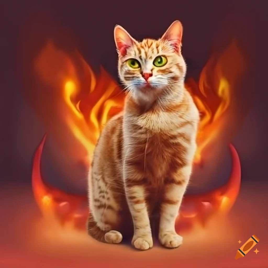 Red cat with diablo wings and flames in the background on Craiyon