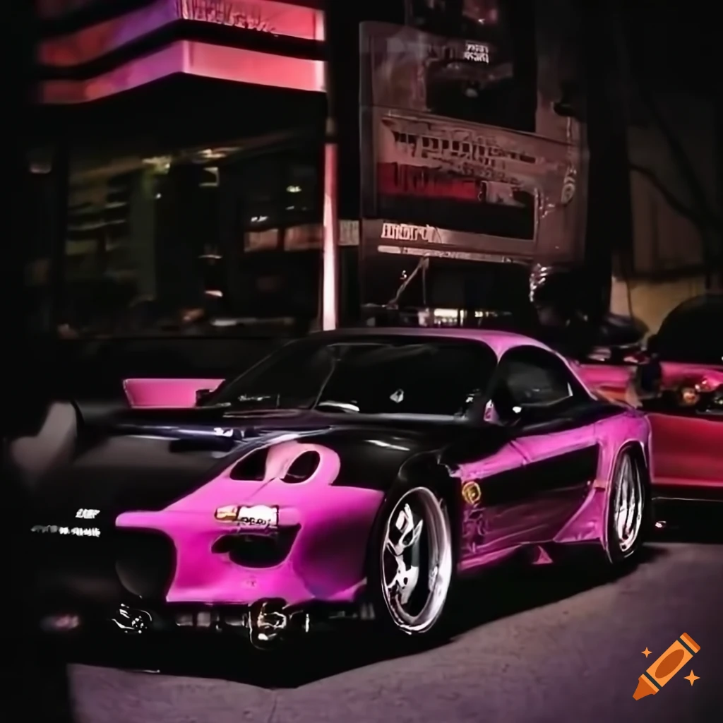 Pink rx7 fd drifting through tokyo at night with cat driver on Craiyon