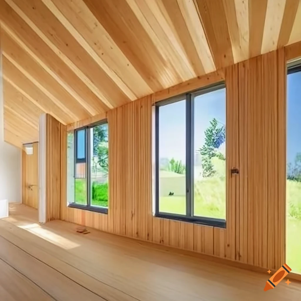 Interior of a sustainable house made of mass timber on Craiyon