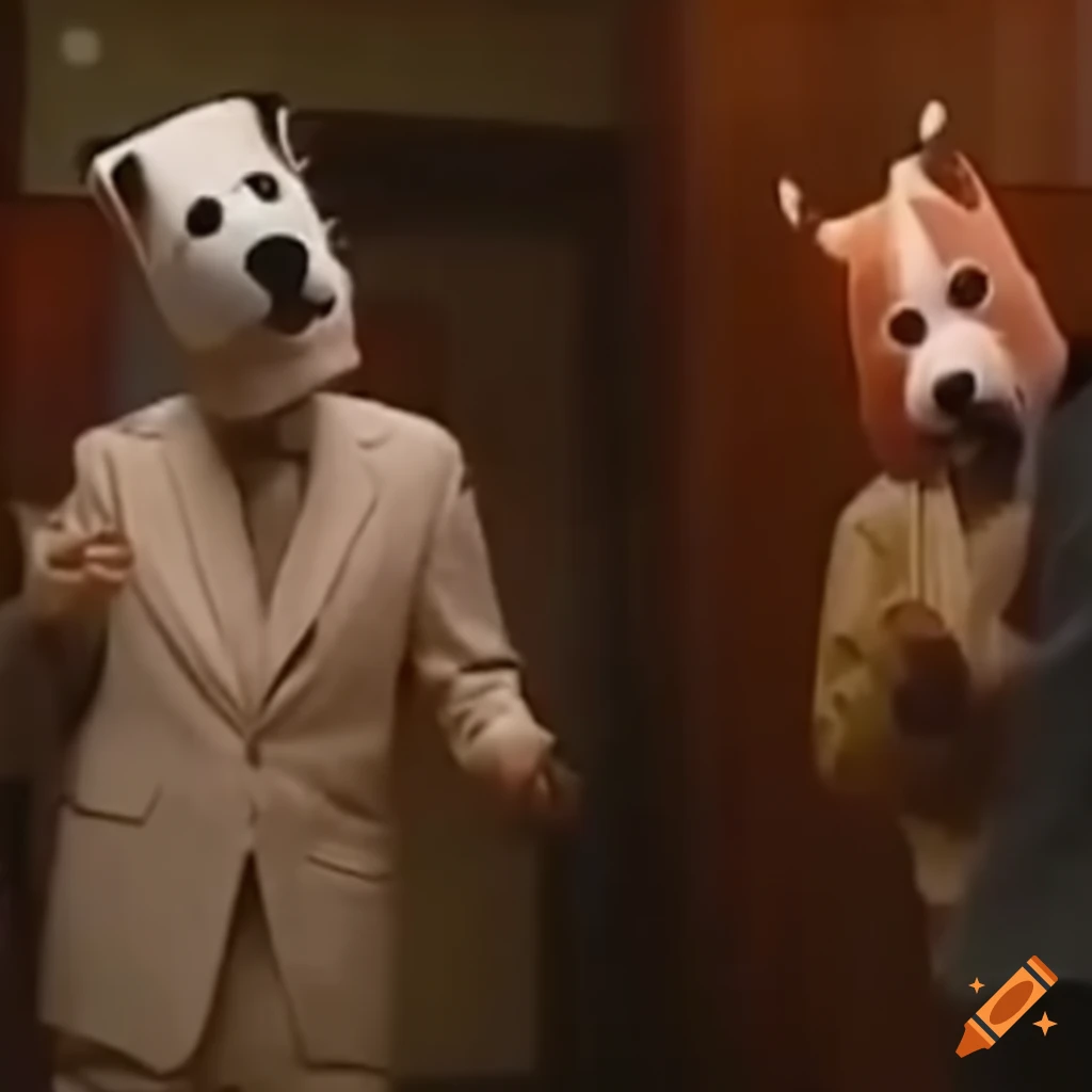 Two men wearing cartoon dog masks in a decorative room on Craiyon