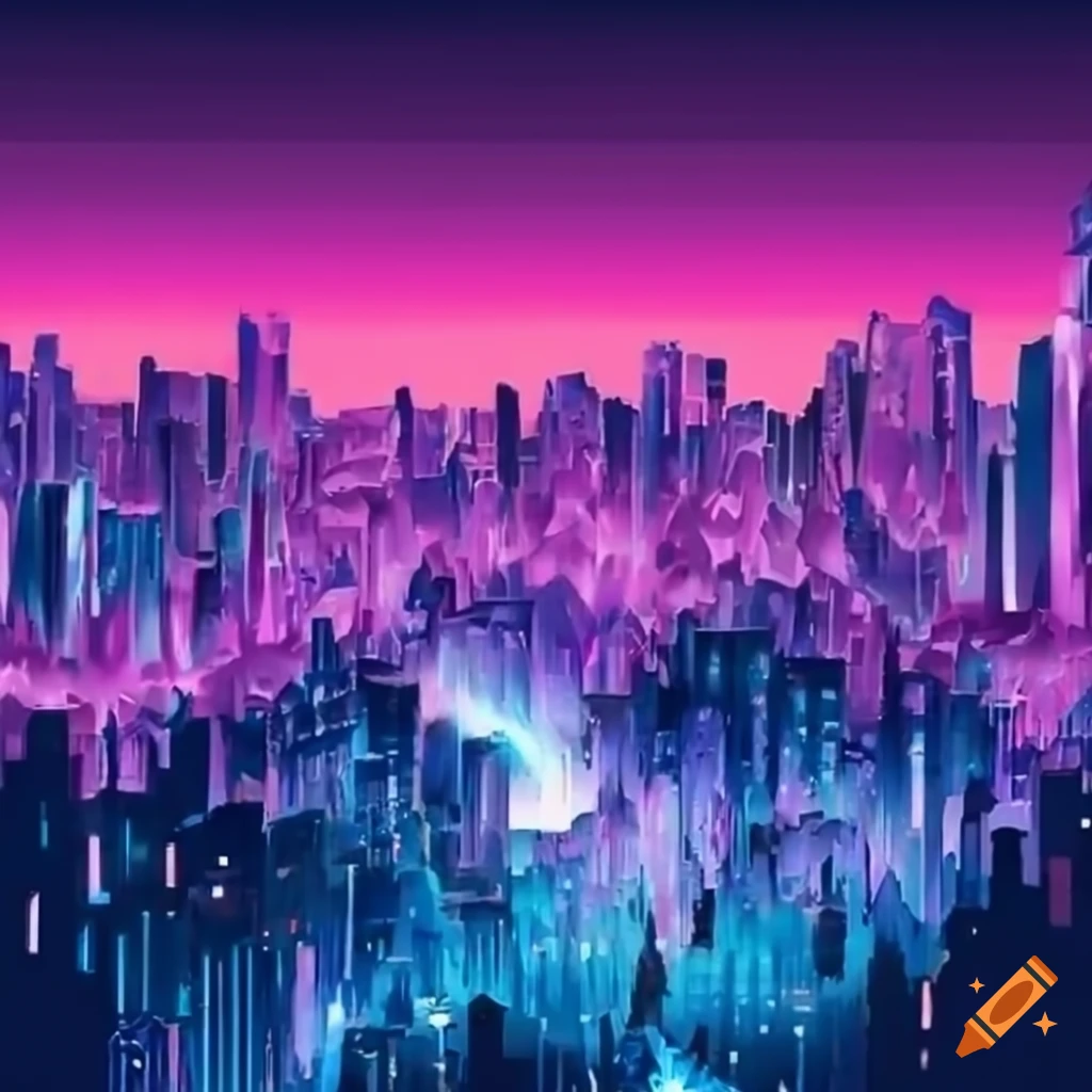 Night time cityscape with cyan and magenta lights in an ice crystal ...