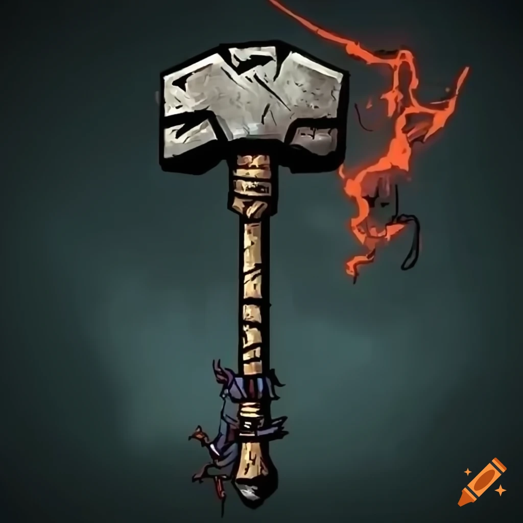 Ornate big smithing hammer weapon in a dark setting on Craiyon
