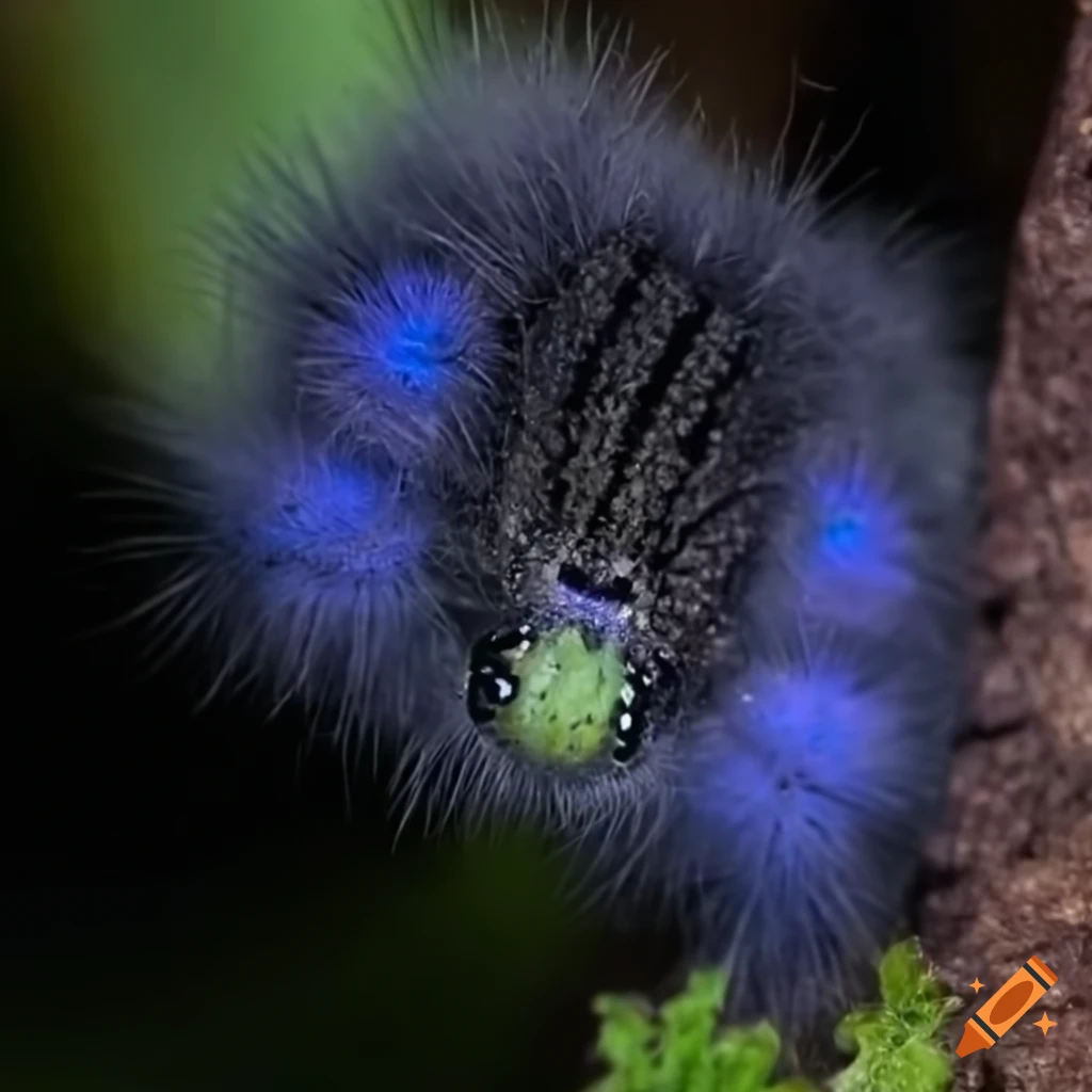 Black fuzzy caterpillar with small blue glowing eyes on Craiyon