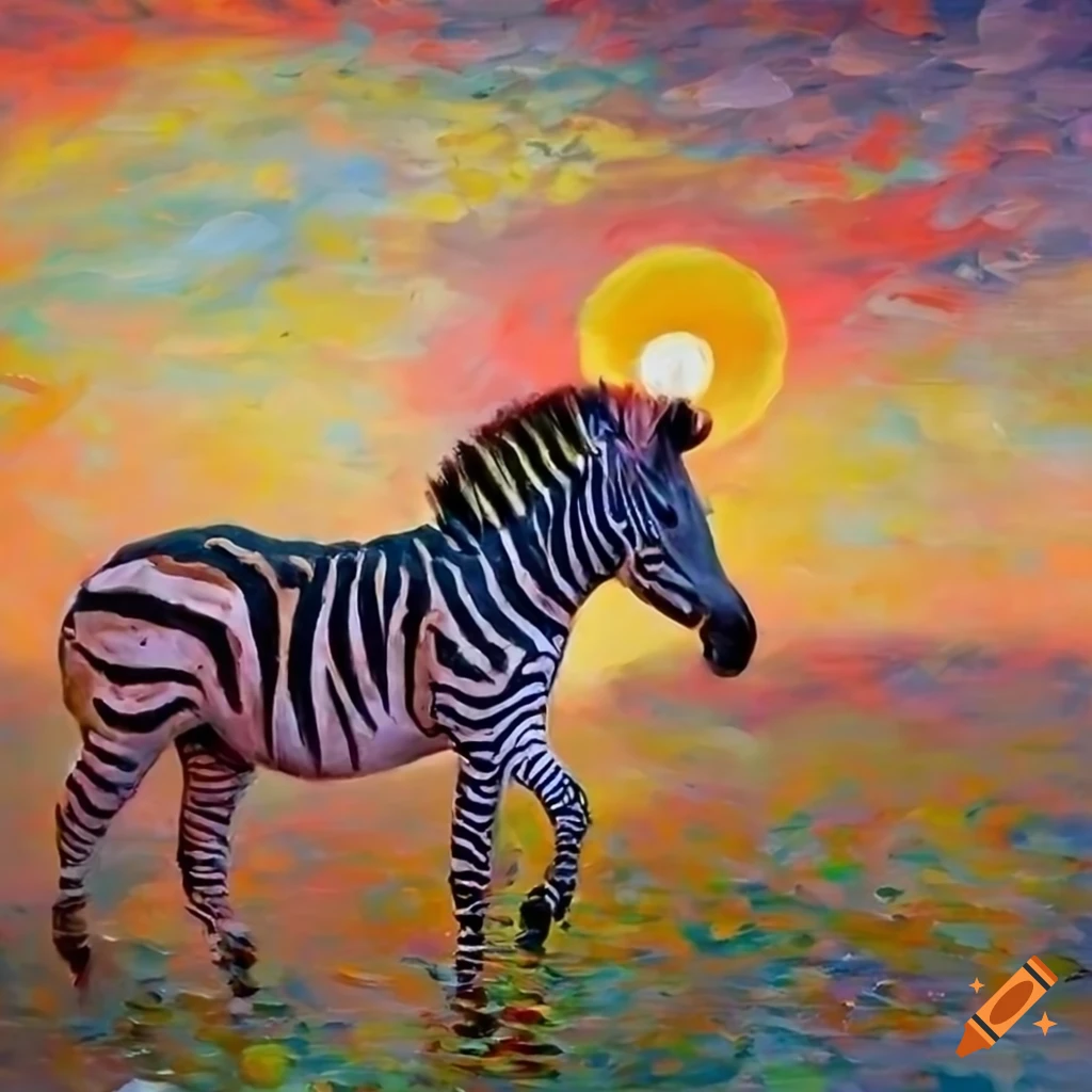 Zebra in monet-inspired oil painting with stunning sunrise on Craiyon