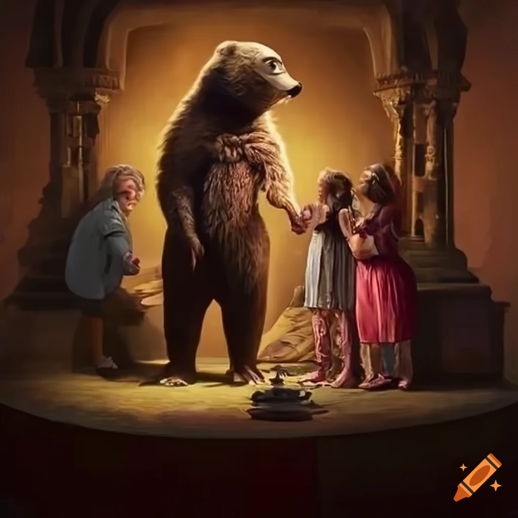 Dramatic realistic artwork of bear theatre production scenes on Craiyon