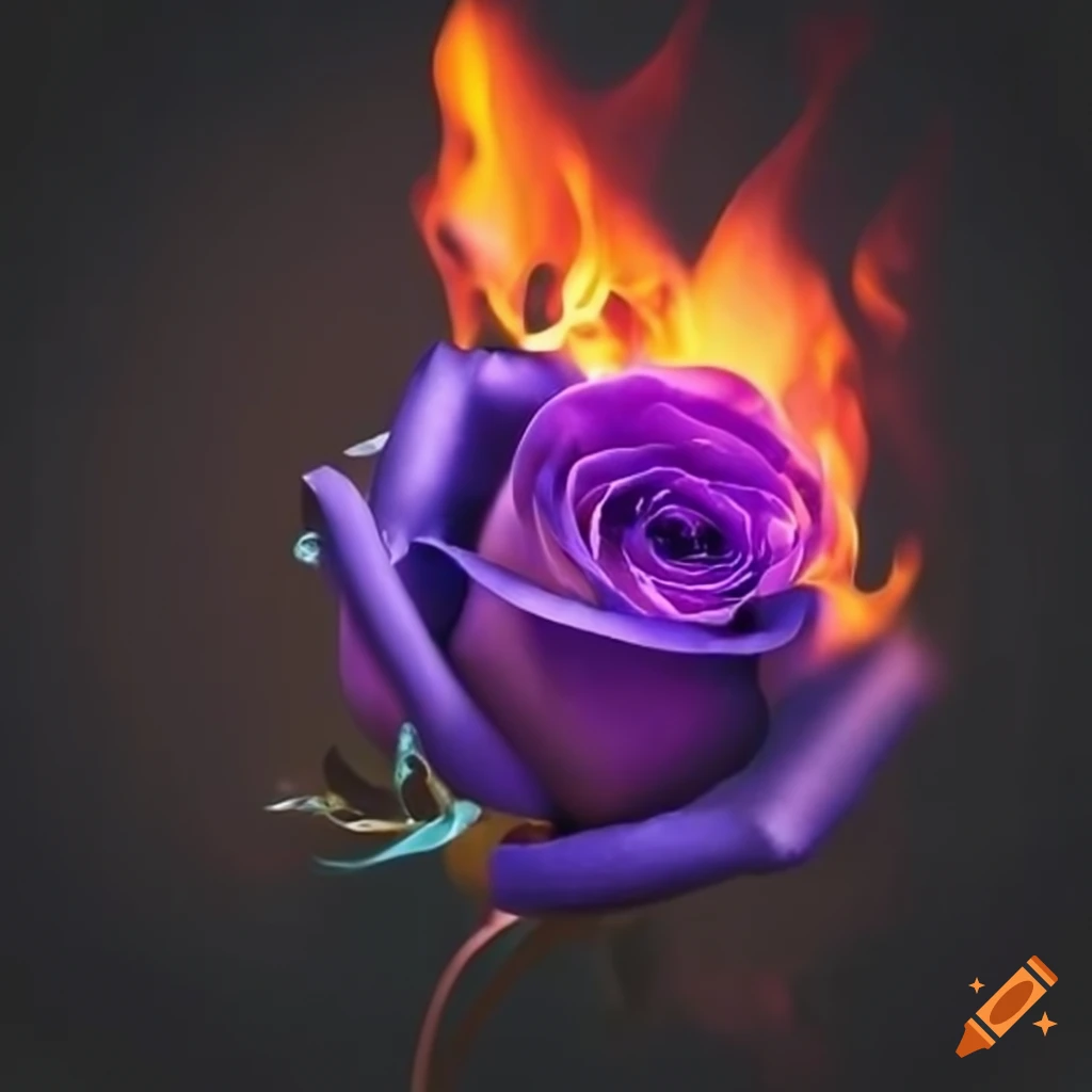 Purple burning rose surrounded by orange flames and ashes on Craiyon