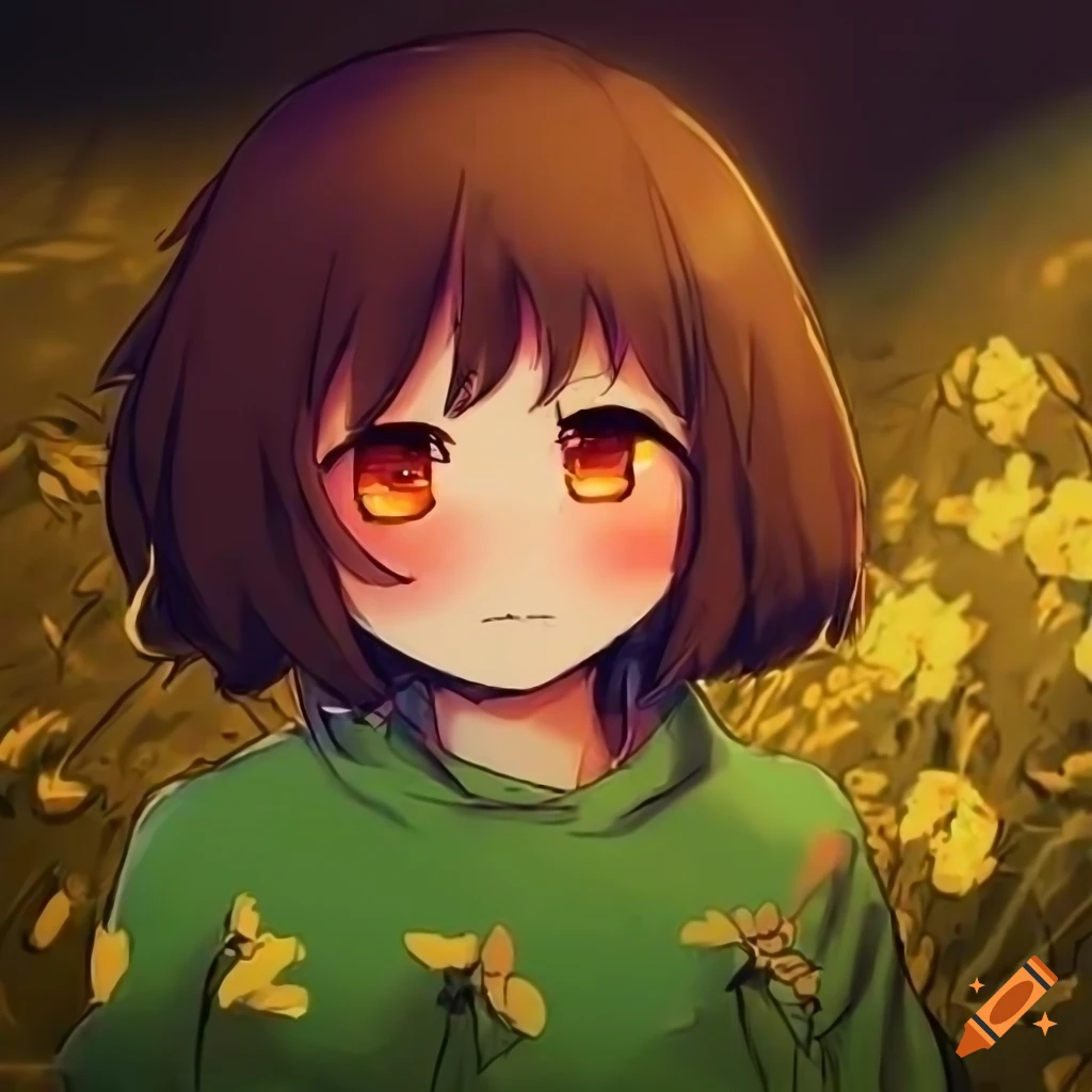 Chara from undertale sitting on a bed of golden flowers on Craiyon
