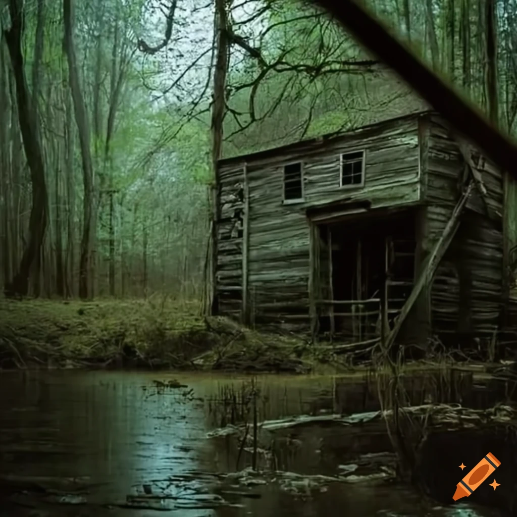 Abandoned cabin on an island in the forest on Craiyon