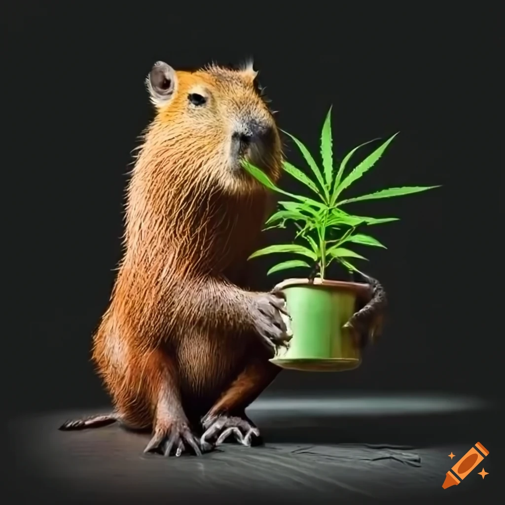 Capybara holding a pot with a cannabis plant on Craiyon