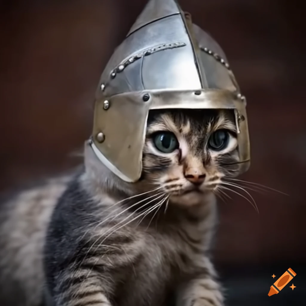 Kitten wearing oversized medieval helmet on Craiyon