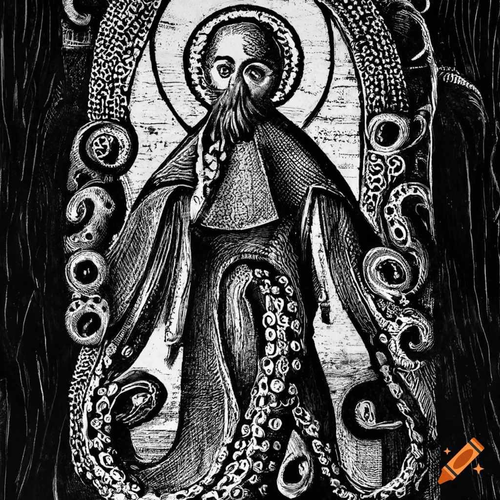 Octopus saint in black and white medieval engraving on Craiyon