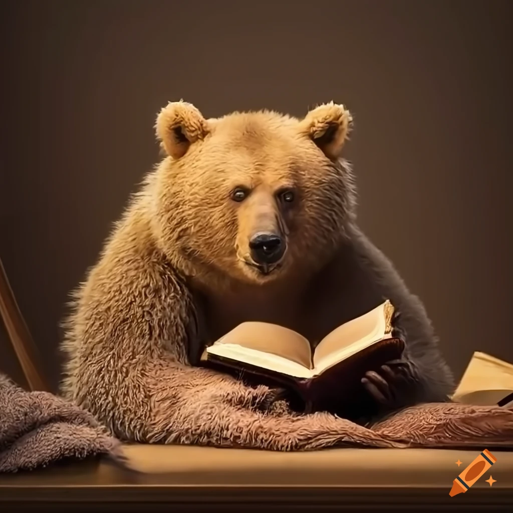 Wise old bear reading a thick book in a cozy lamp-lit room on Craiyon