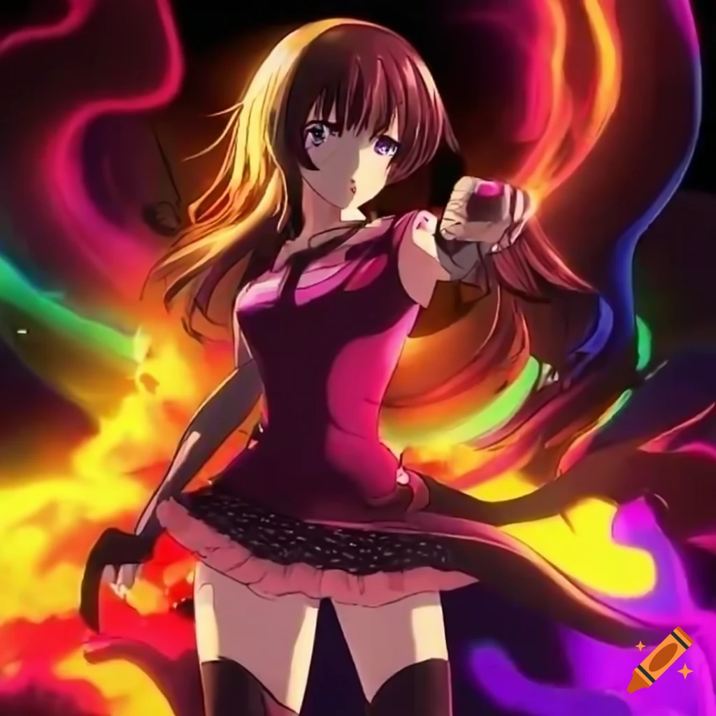 Anime girls in a colorful explosive fight scene on Craiyon