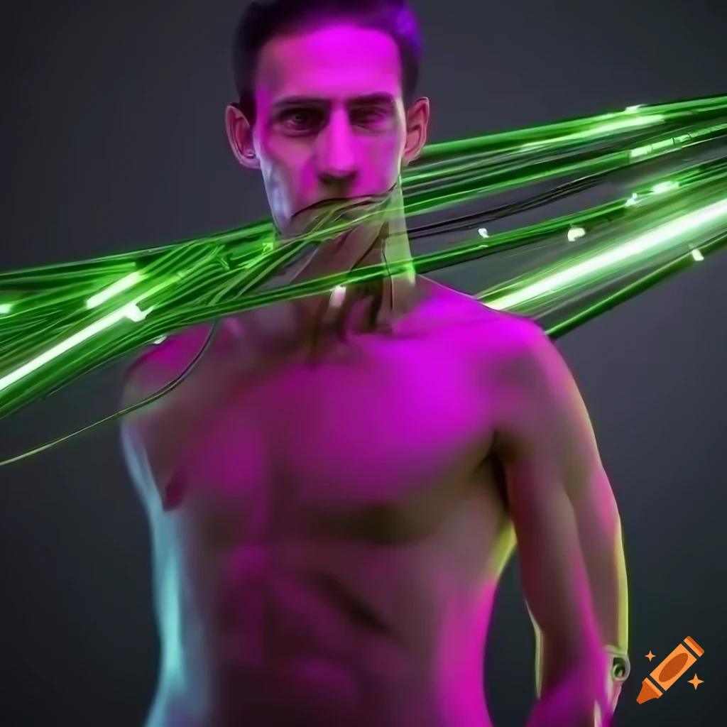 PhotoRealistic image of a futuristic male cyborg nerd in a computer hub ...