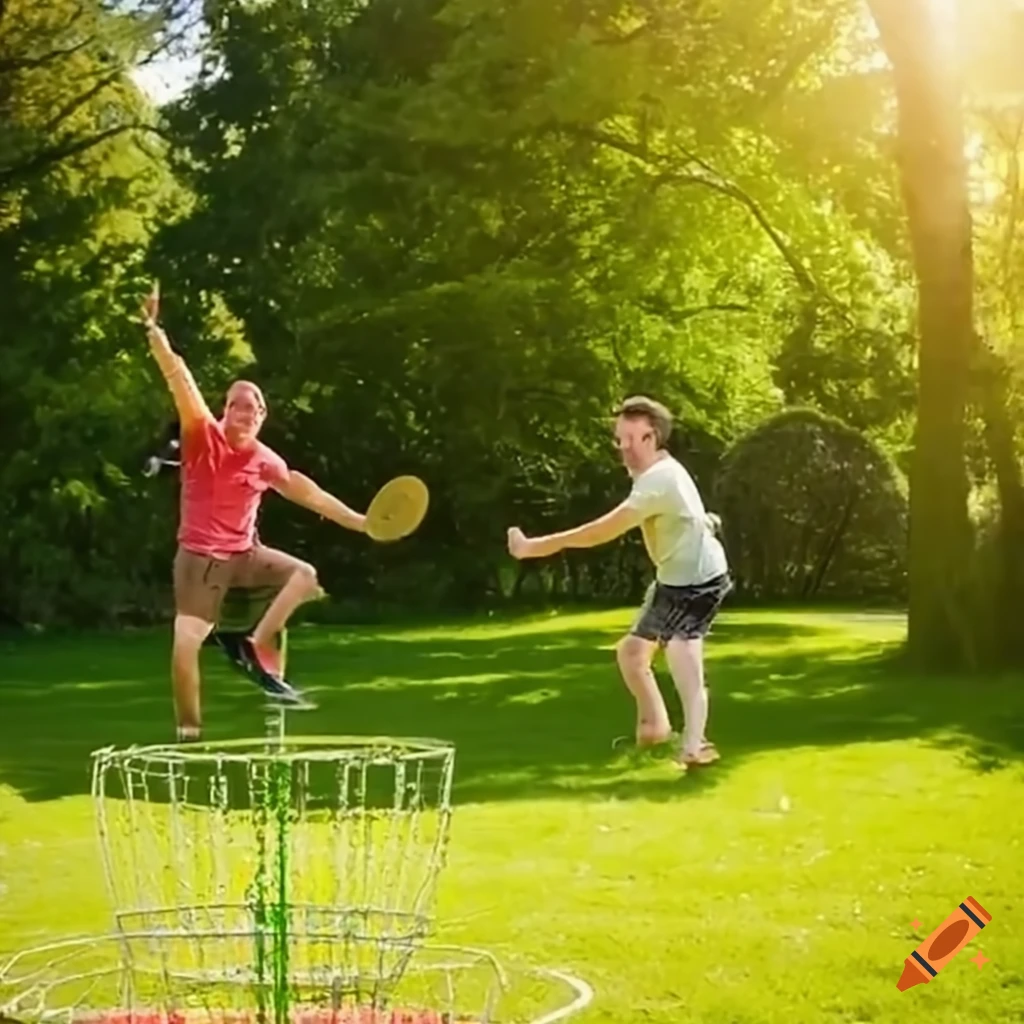 Two guys playing disc golf in sunny kleingarten on Craiyon