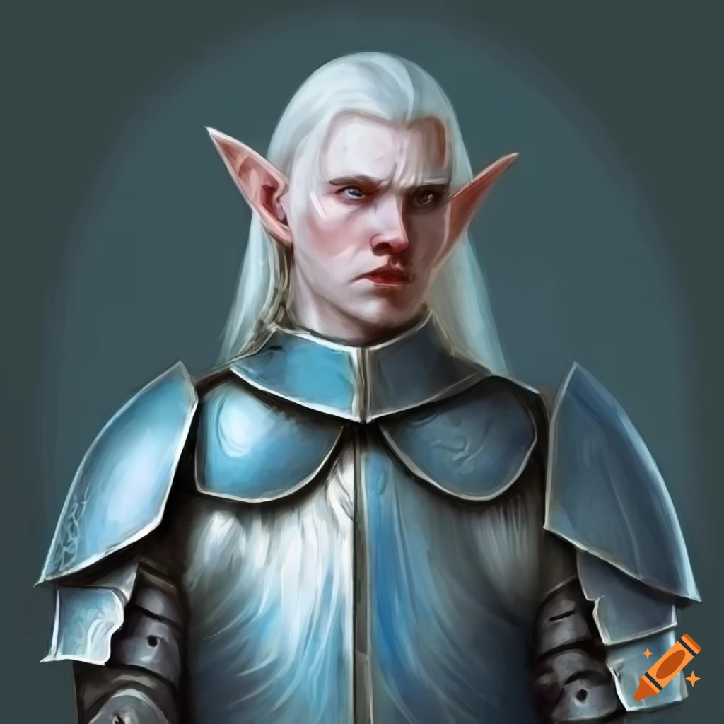 Pale white elf man in plate armor with blue tabard on Craiyon
