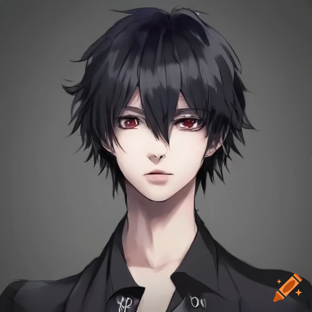Anime style male with pale skin, black eyes, and wavy black hair ...