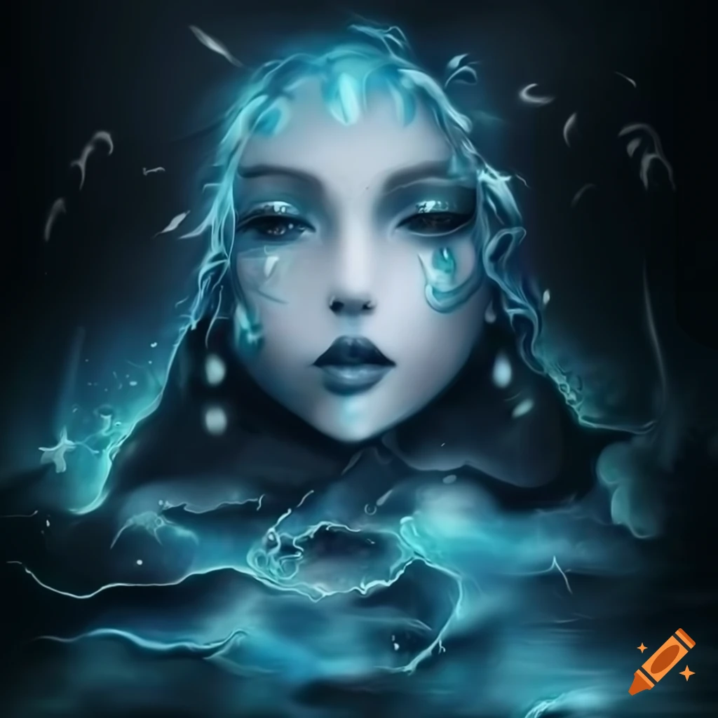 Black and white water elemental woman with paint dripping in a dark ...