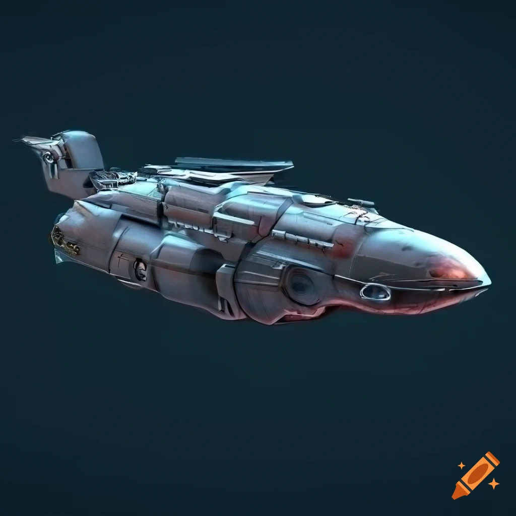 Sci-fi 3d model of a spaceship with steel submarine resemblance and jet wings on Craiyon