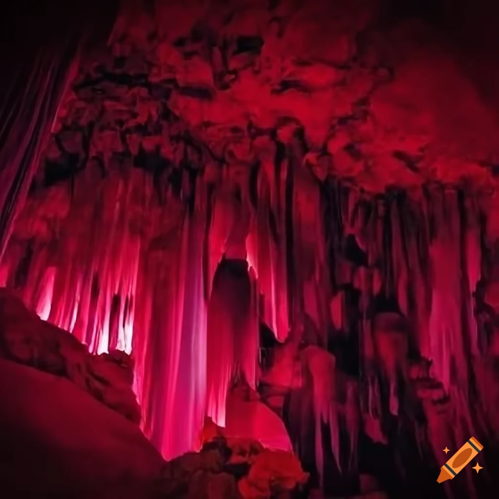 Multiple crimson crystals in a dark cave on Craiyon