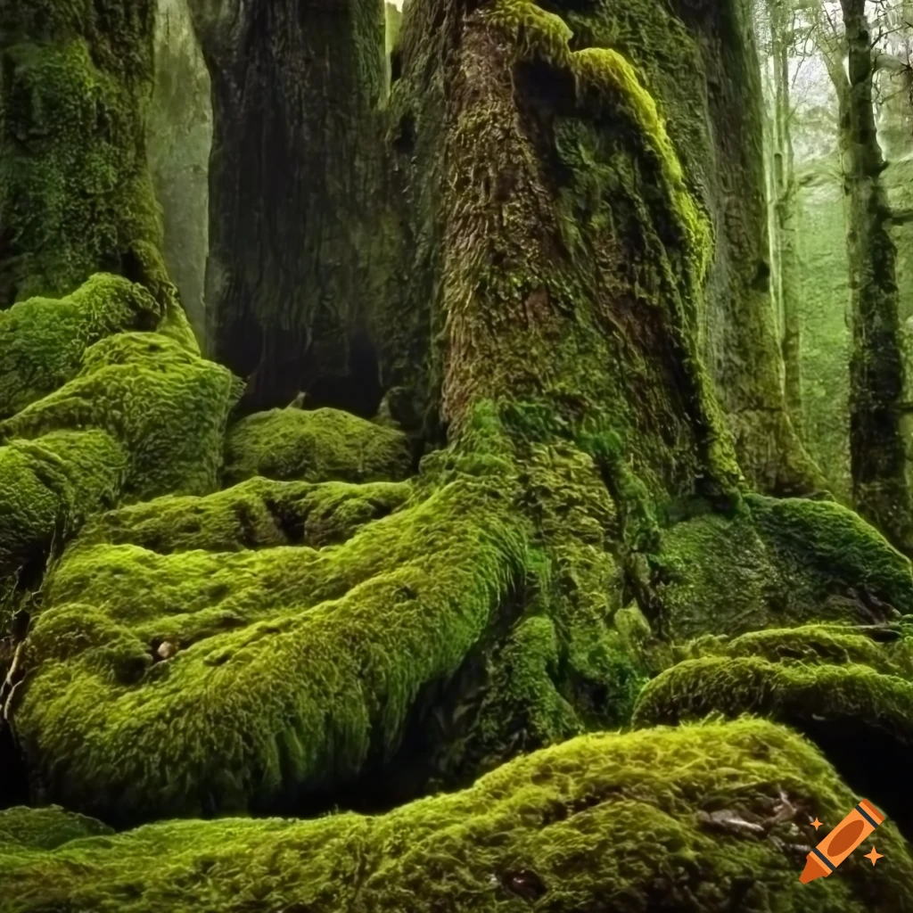 Photorealistic temperate rainforest with mossy rocks and shrubs on Craiyon