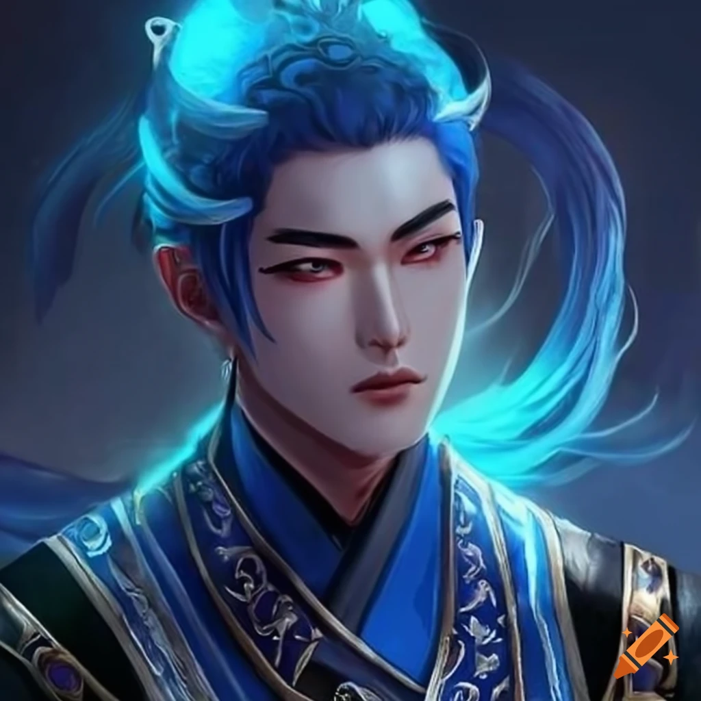 Majestic male chinese demon with blue theme and lightning on Craiyon