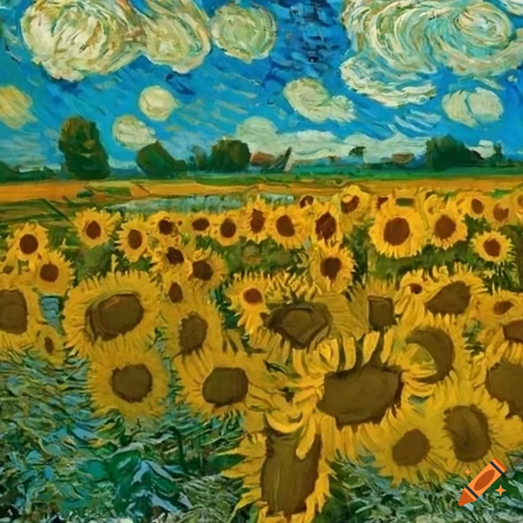 Van Gogh's masterpiece of sunflowers and wildflowers under a blue sky with rolling clouds on Craiyon