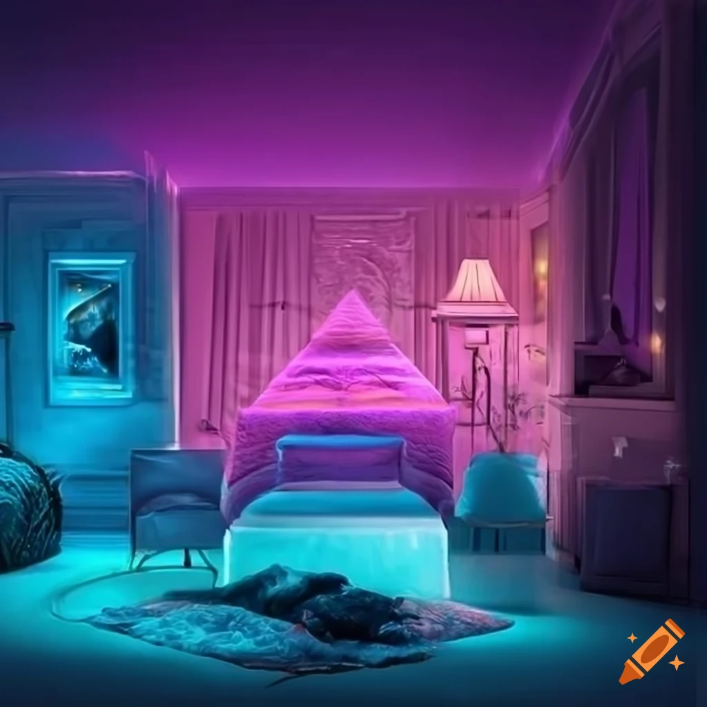 Ice crystal night time bedroom with cyan, yellow, and magenta light on ...