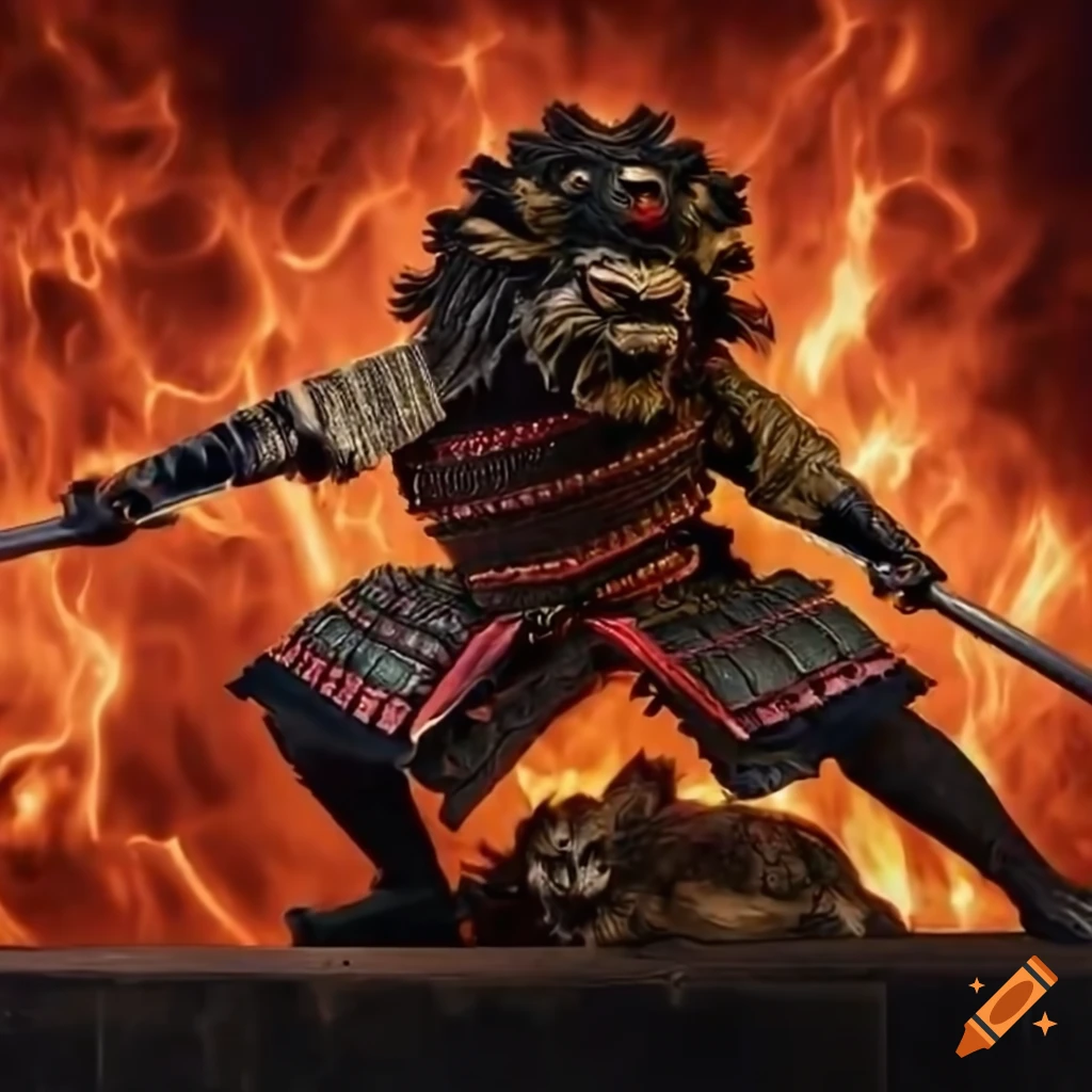 Samurai lion engaged in a sword fight with flames in the background on ...