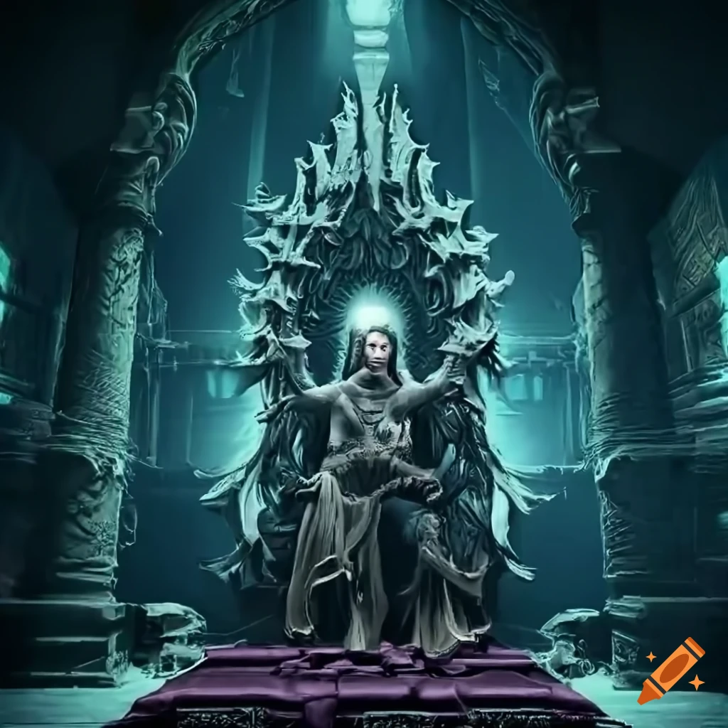 Enigmatic demigod sitting on shining throne in a room of vines, thorns ...