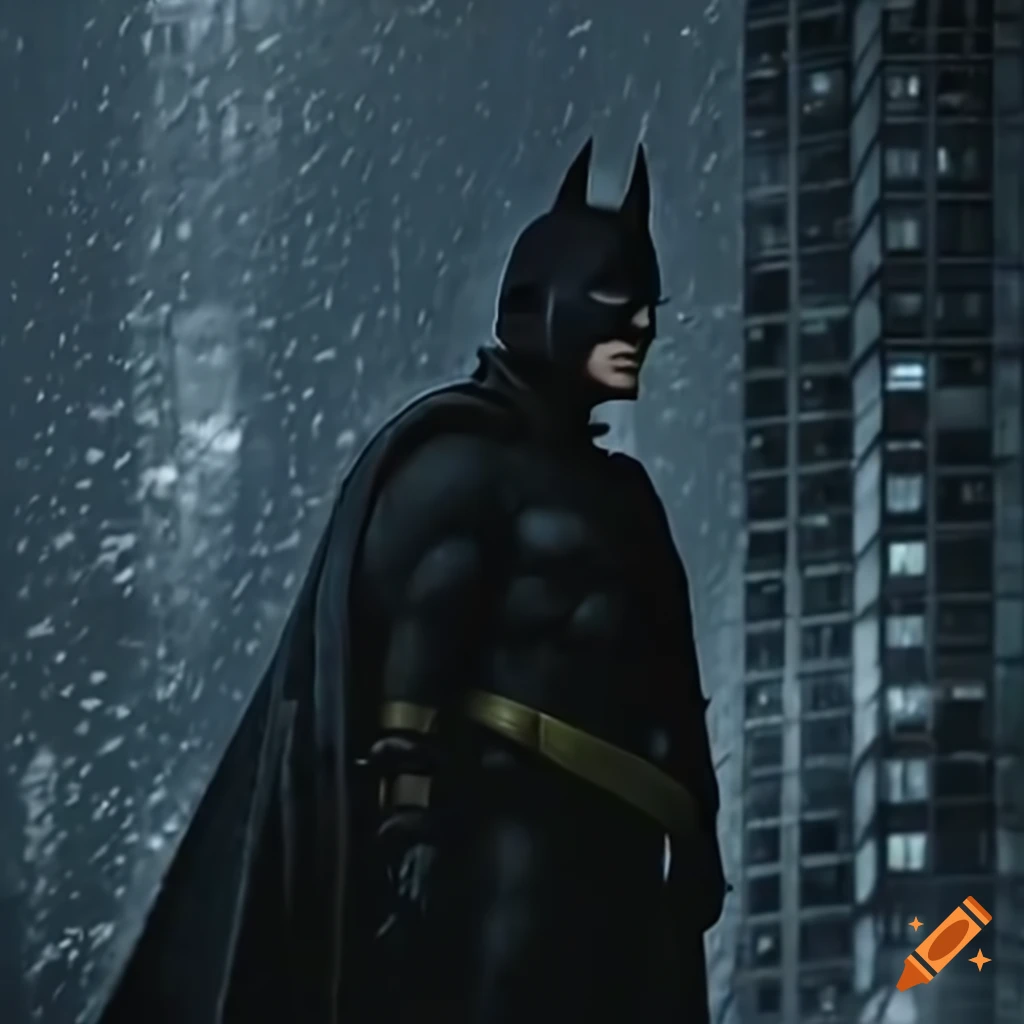 Batman crouching on a building in a dark rainy night on Craiyon