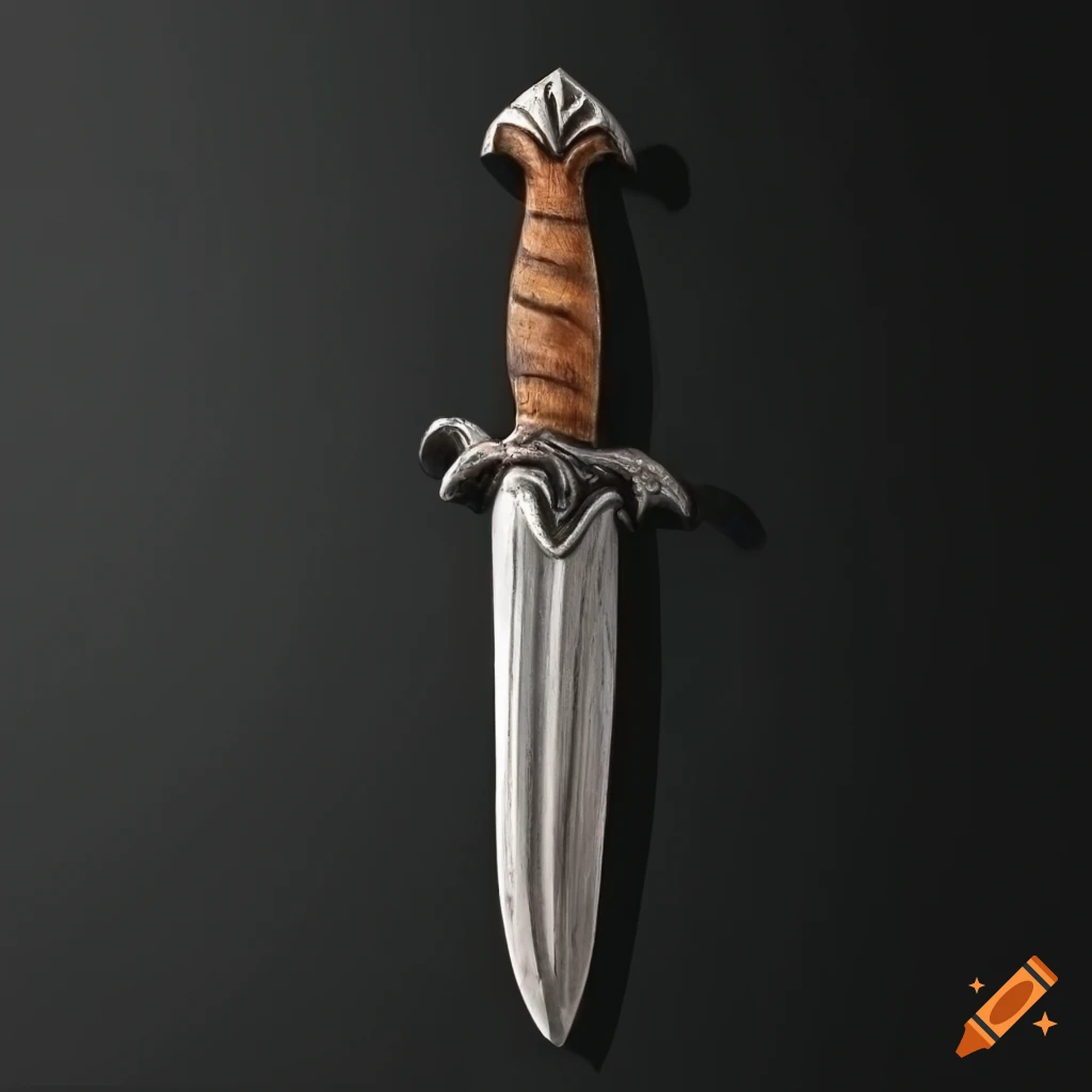 Wooden dagger with silver strands and serrated edge, adorned with runes ...