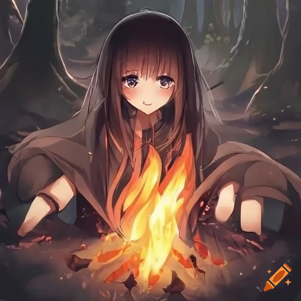Anime girl with brown hair and amber eyes camping by a forest bonfire ...