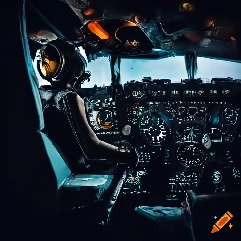 Vintage cockpit of a 1950s alien bomber with empty pilot seat on Craiyon