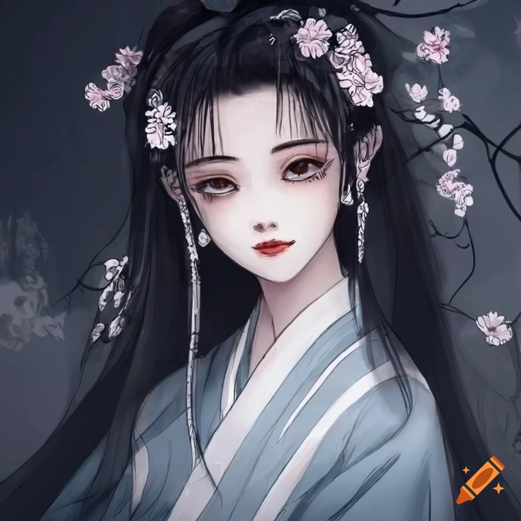 Manga ink sketch of Chinese girl in Hanfu traditional clothing with ...