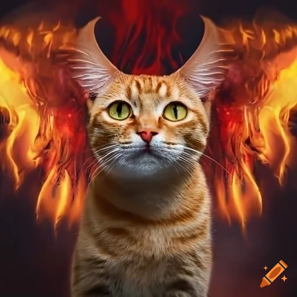 Red cat with diablo wings in front of flaming background on Craiyon