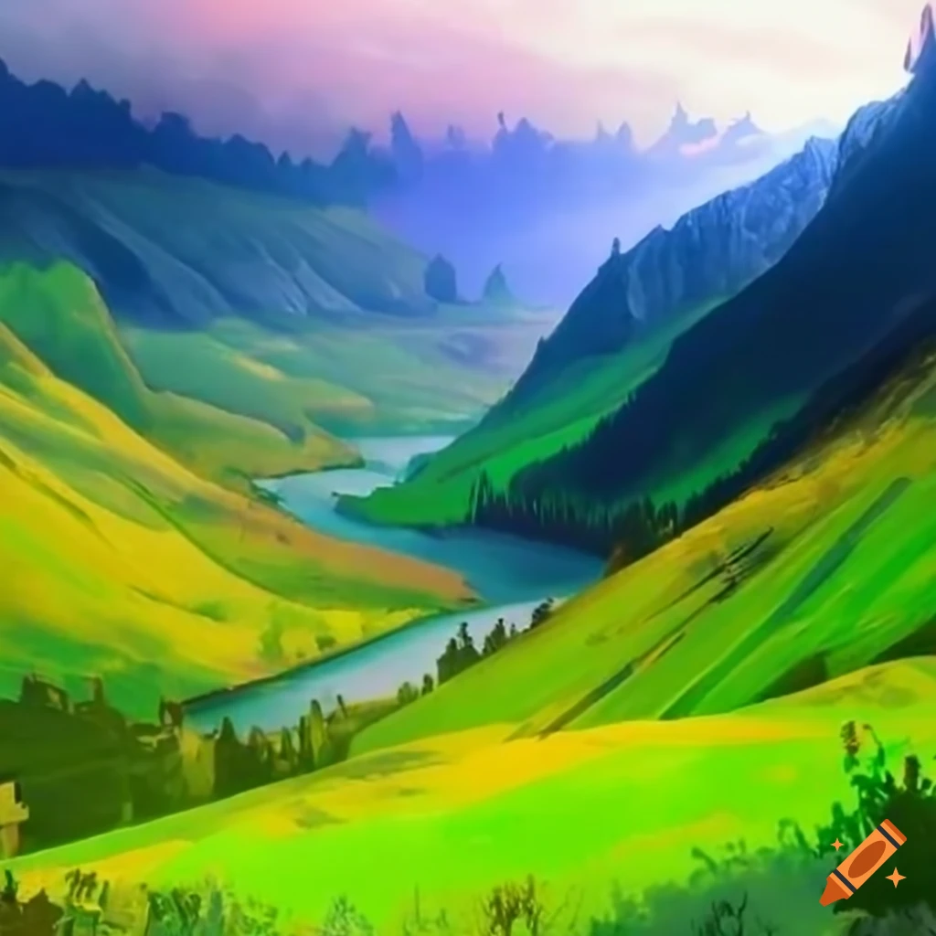 A beautiful valley with green grass and flowers on Craiyon