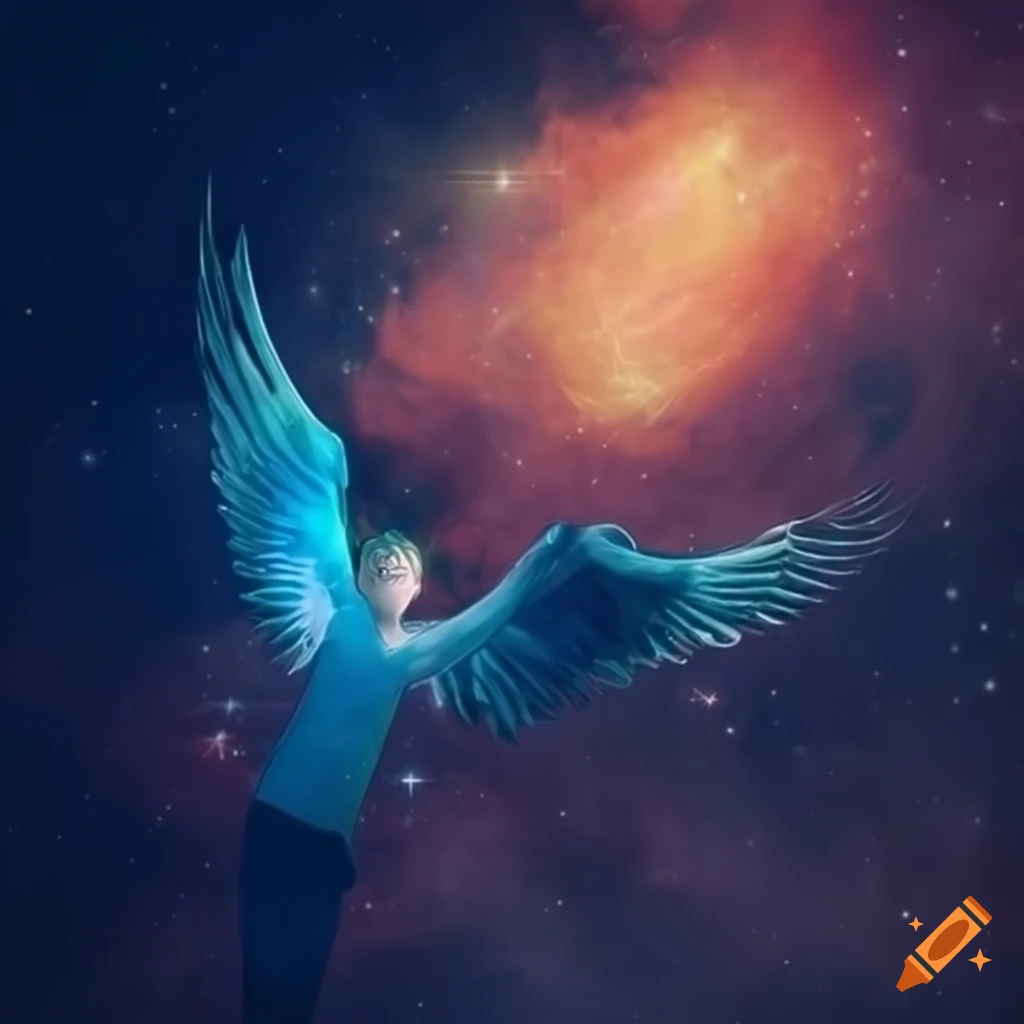 Ethereal boy with wings flying through space on Craiyon