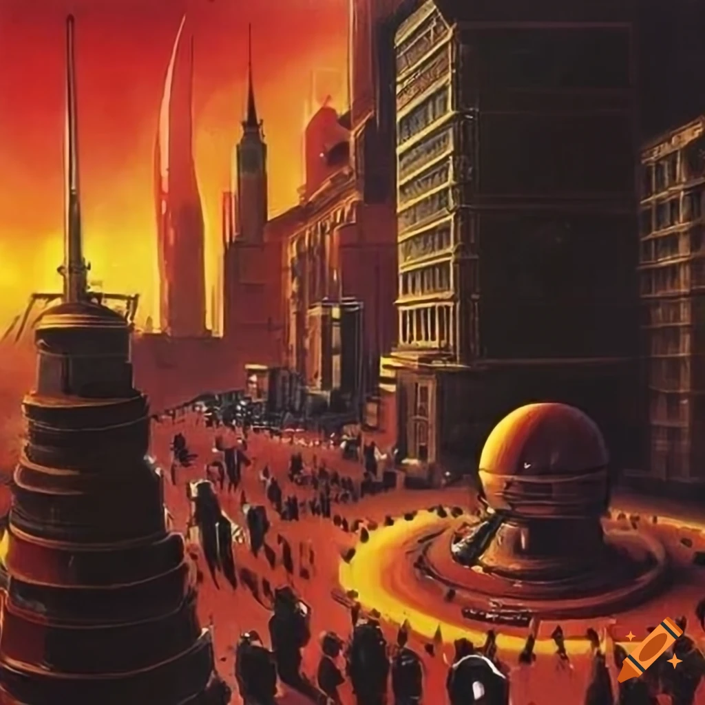 Martian military parade in a crowded city in 70s sci fi art style by Chriss Foss on Craiyon