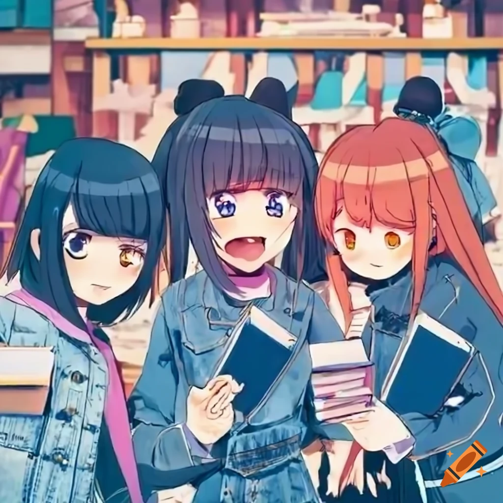 Cheerful anime girls studying science books at a crowded outdoor book ...