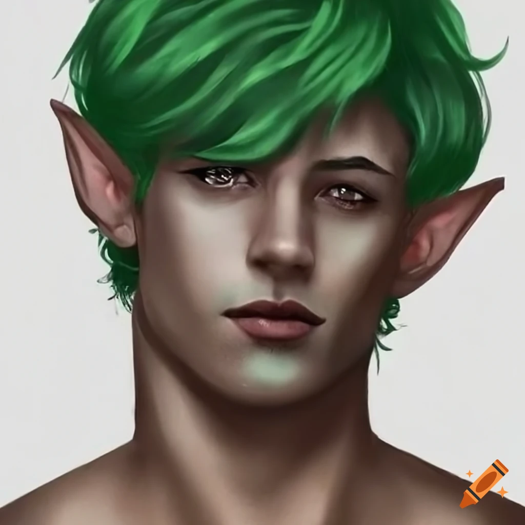 Handsome male elf with dark skin, green hair, and short beard on Craiyon